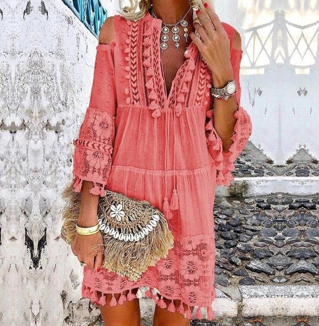 V neck Boho Chic Dress Women solid tassel summer linen bohemian style